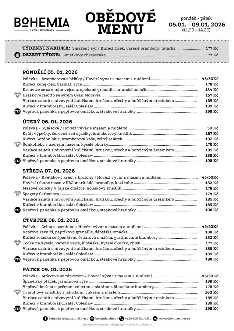 Týdenní menu (11:00 - 14:00) - Restaurace BOHEMIA